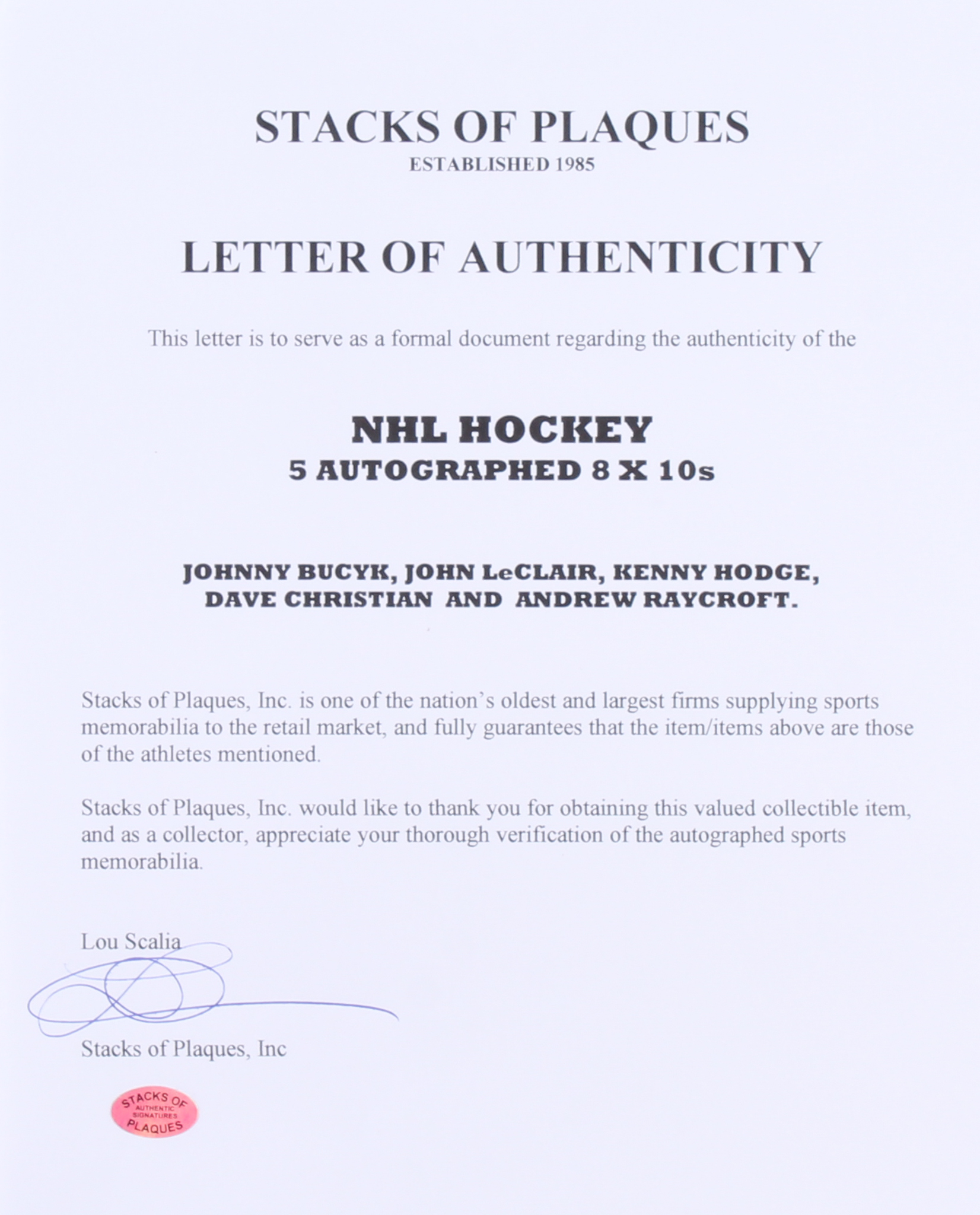 Lot of (5) NHL Hockey Players Signed 8x10 Photos with Johnny Bucyk ...