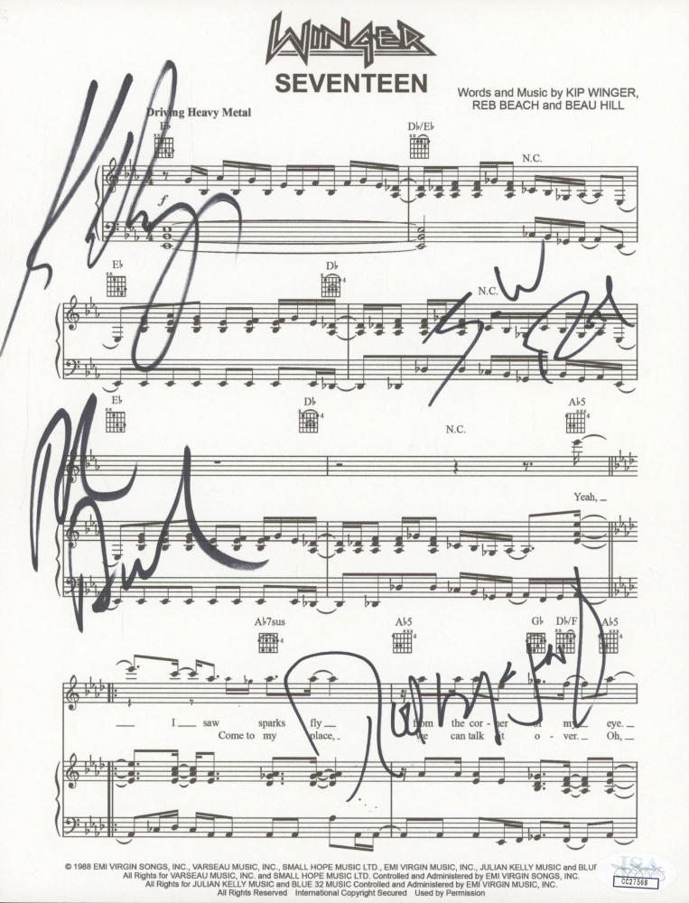 Winger "Seventeen" 8.5x11 Music Sheet Signed by (4) with Kip Winger ...
