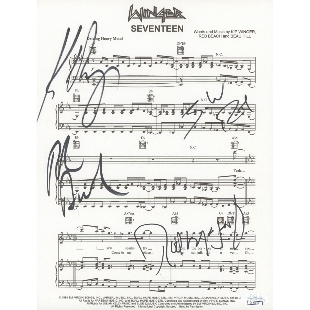 Winger "Seventeen" 8.5x11 Music Sheet Signed by (4) with Kip Winger ...