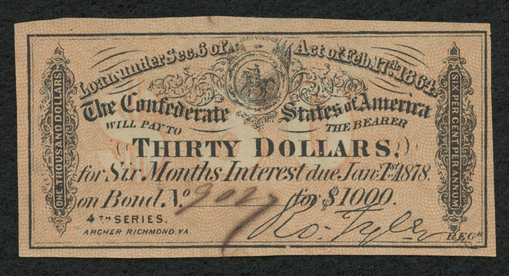 1864 $30 Thirty Dollars Confederate States of America Richmond CSA Bank ...