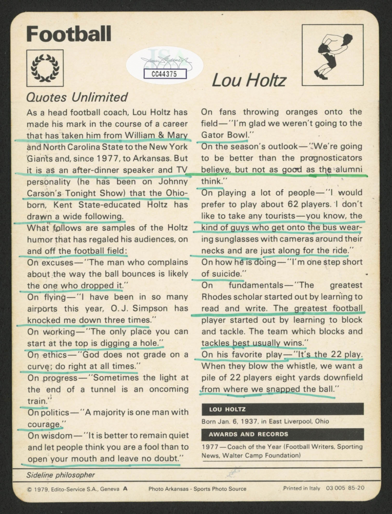 Lou Holtz Signed 1977-79 Sportscaster Series 85 #8520 (JSA COA ...