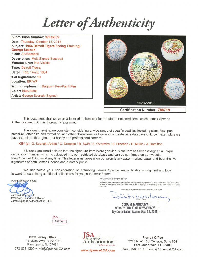 George Sosnak Hand-Painted 1964 Detroit Tigers Baseball Team-Signed by ...