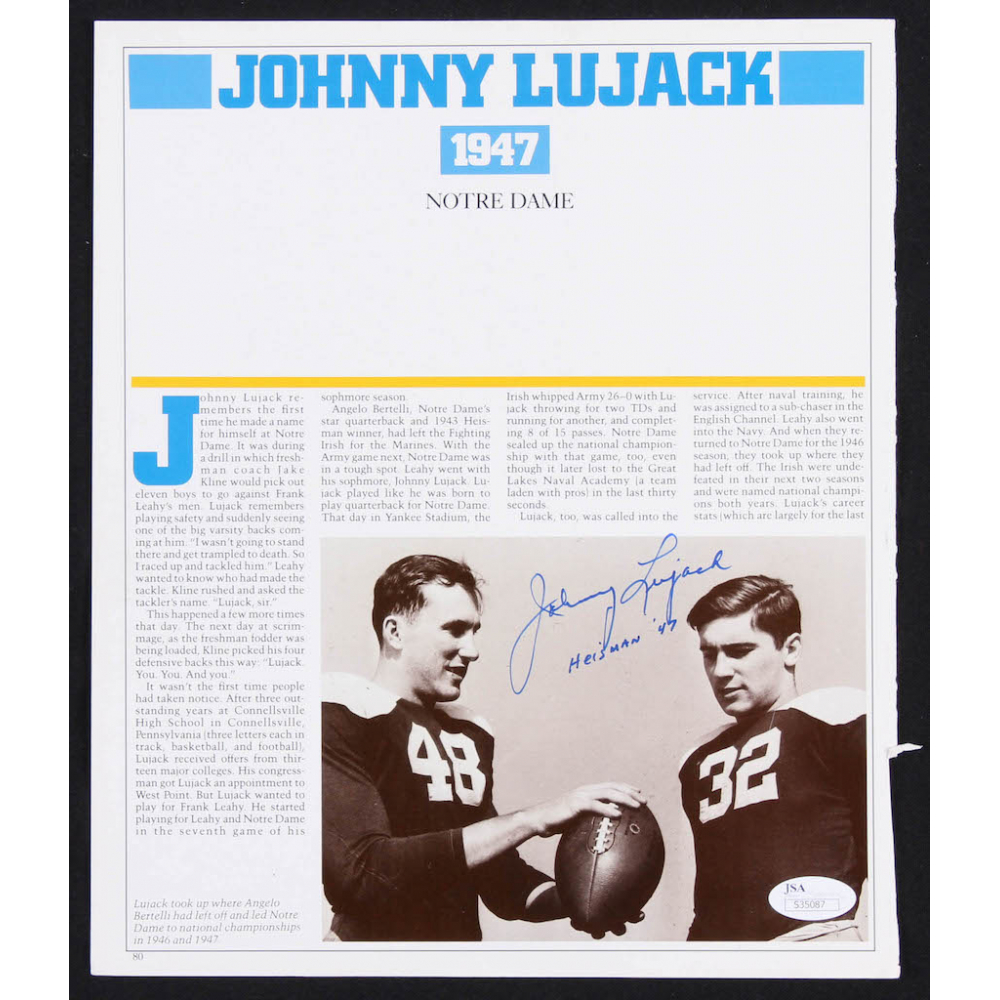 Johnny Lujack Signed Notre Dame Fighting Irish 9x11 Magazine Page ...