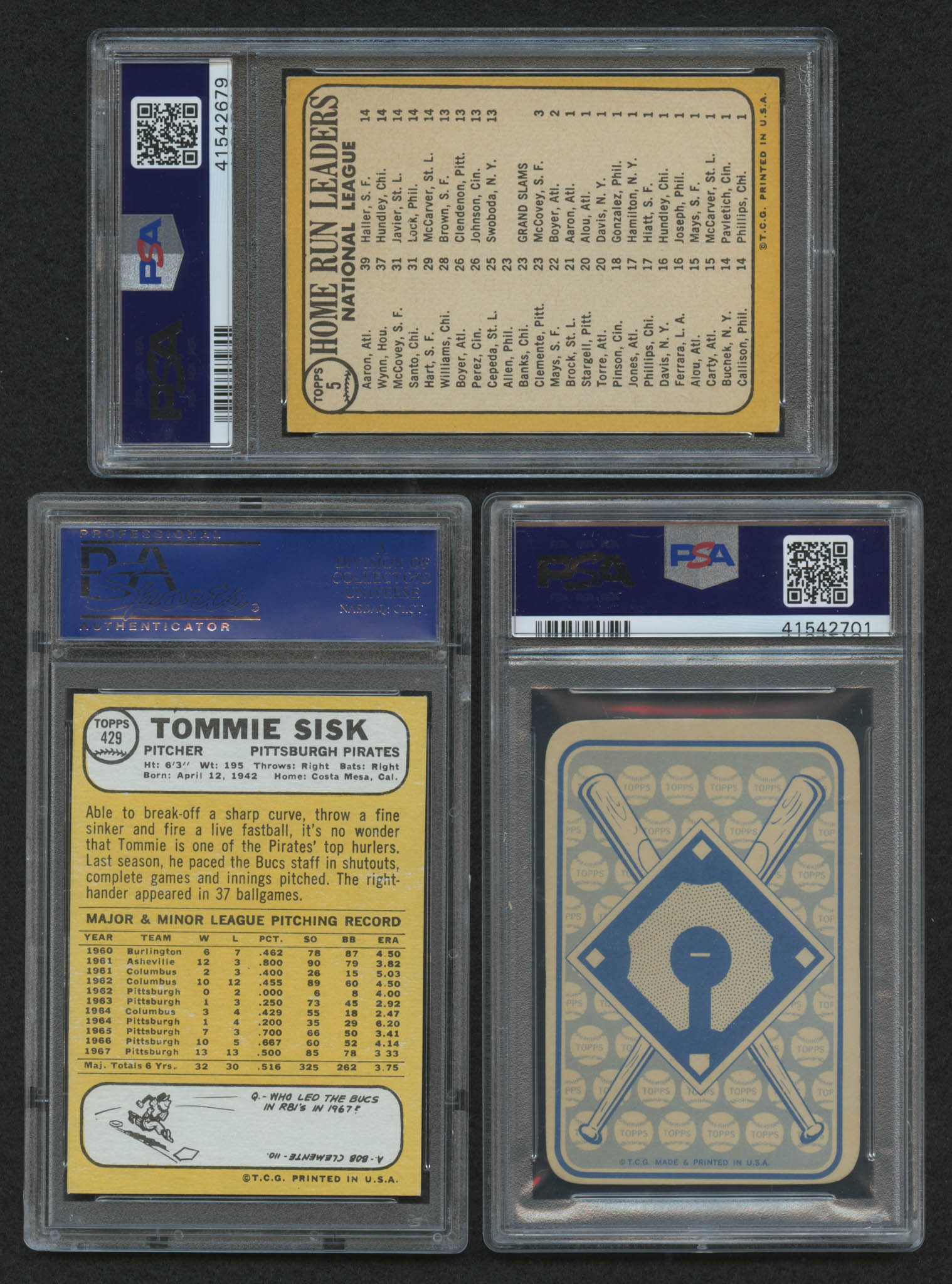 Lot of (3) PSA Graded 1968 Topps Baseball Cards with Tommie Sisk #429 ...