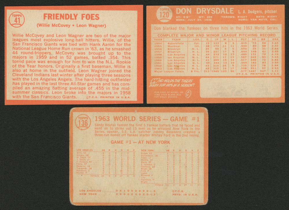 Lot of (3) 1964 Topps Baseball Cards with #41 Friendly Foes Willie ...