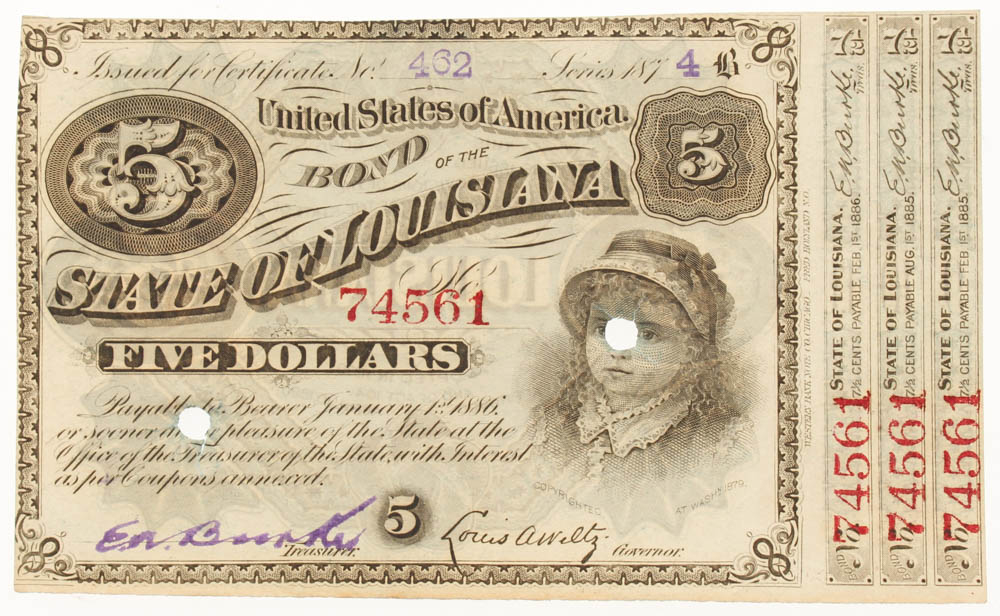 1870 s 5 Five Dollars State Of Louisiana Baby Bond Bank Note Bill