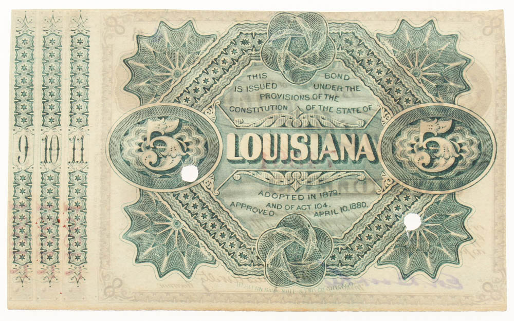 1870 s 5 Five Dollars State Of Louisiana Baby Bond Bank Note Bill