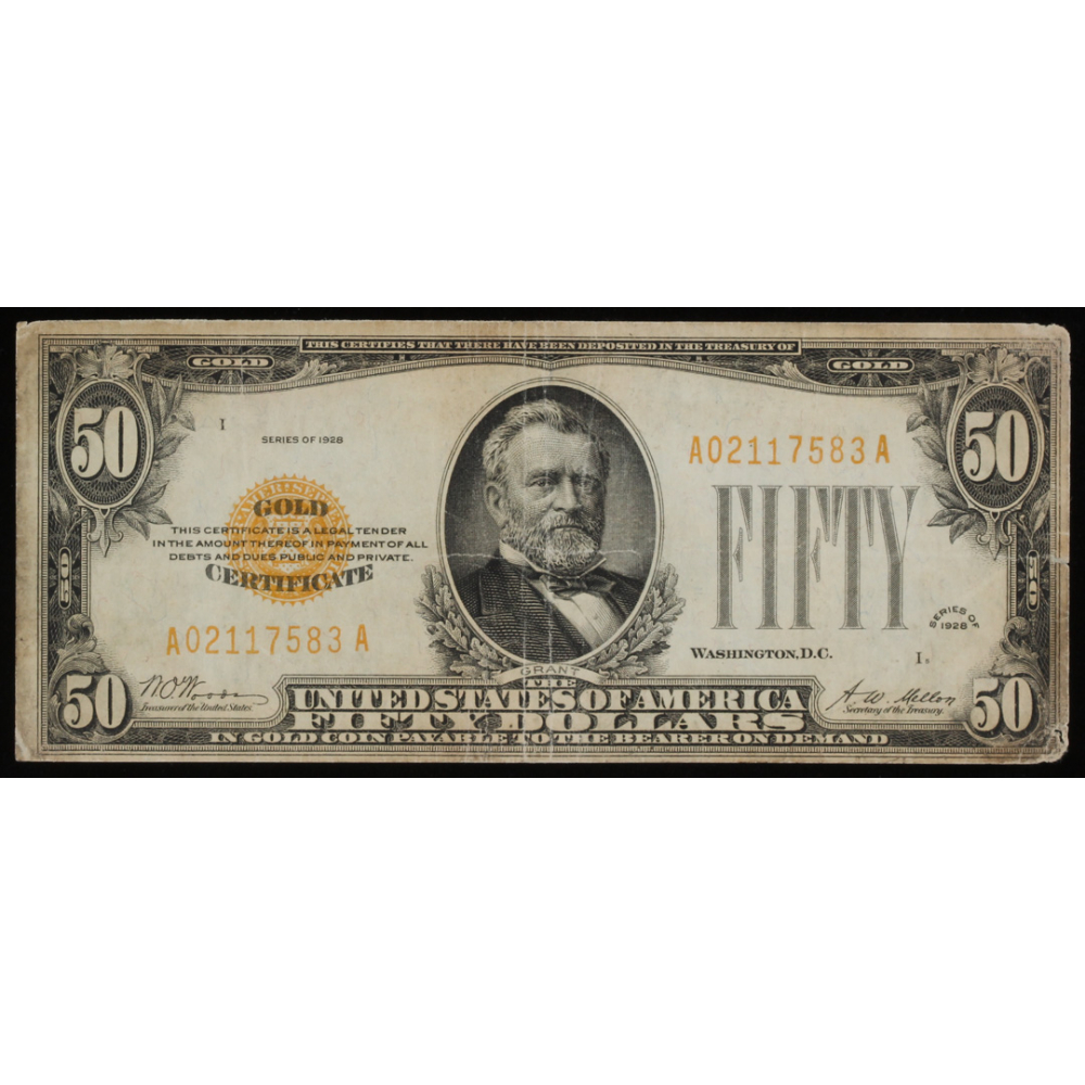 1928 $50 Fifty Dollars U.S. Gold Certificate Currency Bank Note Bill ...