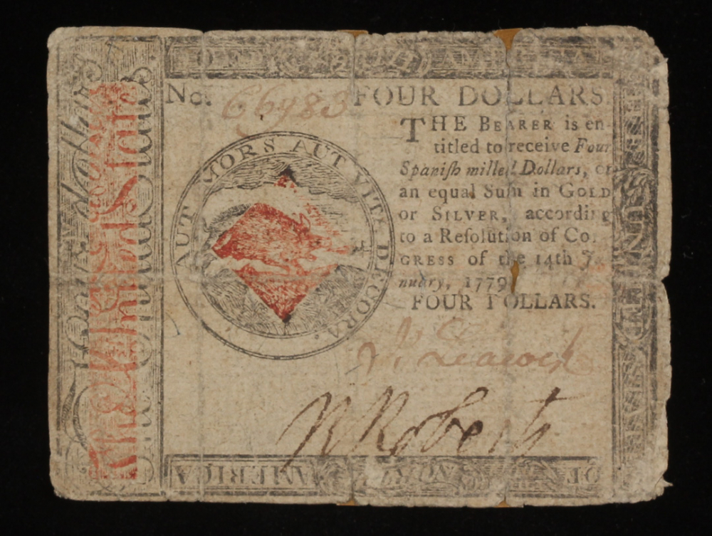 1779 $4 Four Dollars Continental Colonial Currency Note | Pristine Auction