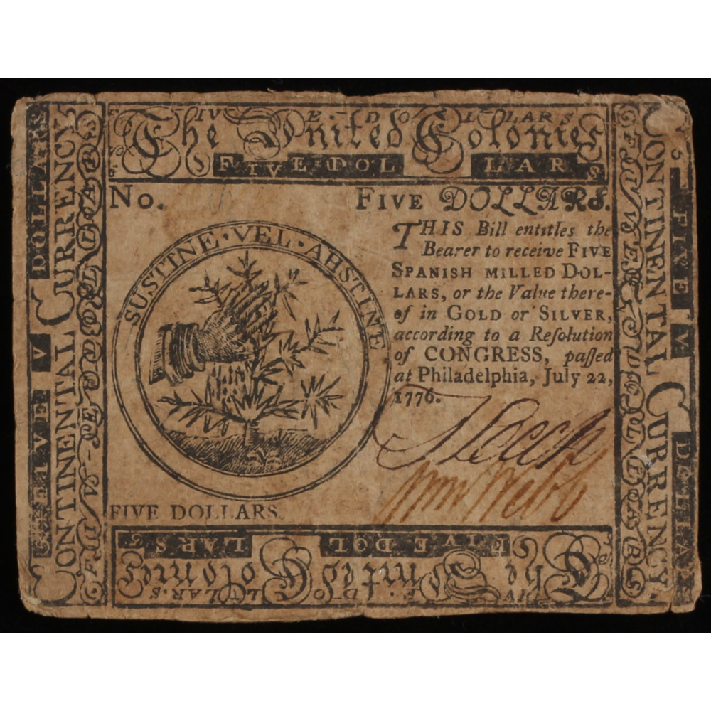 1776 $5 Five Dollars Continental Colonial Currency Note | Pristine Auction