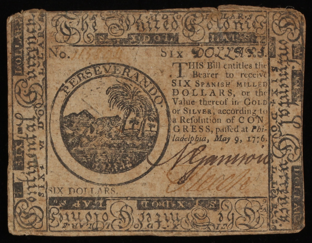 1776 $6 Six Dollars Continental Colonial Currency Note | Pristine Auction