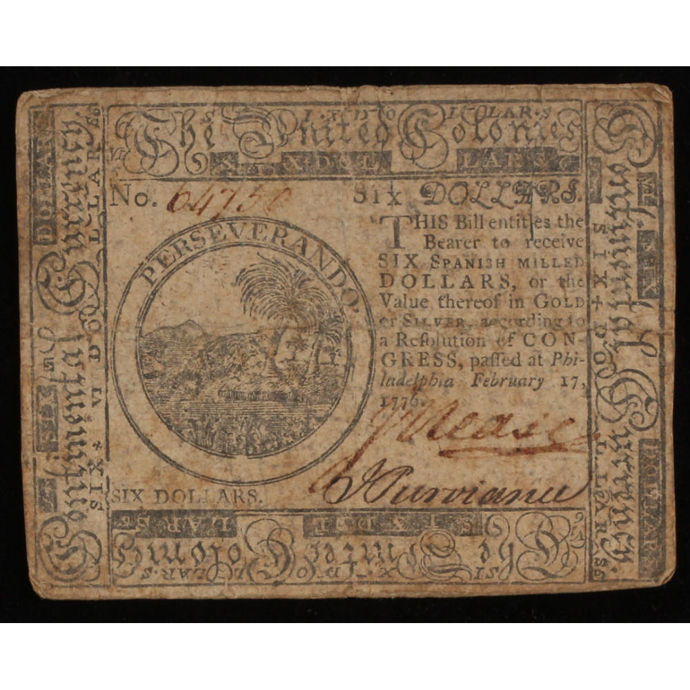 1776 $6 Six Dollars Continental Colonial Currency Note | Pristine Auction