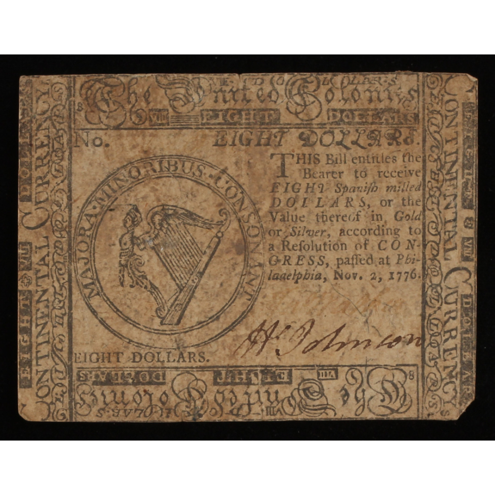 1776 $8 Eight Dollars Continental Colonial Currency Note | Pristine Auction