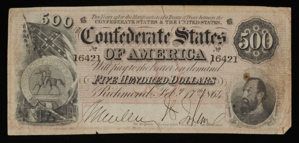 1864 $500 Five Hundred Dollars Confederate States of America Richmond ...