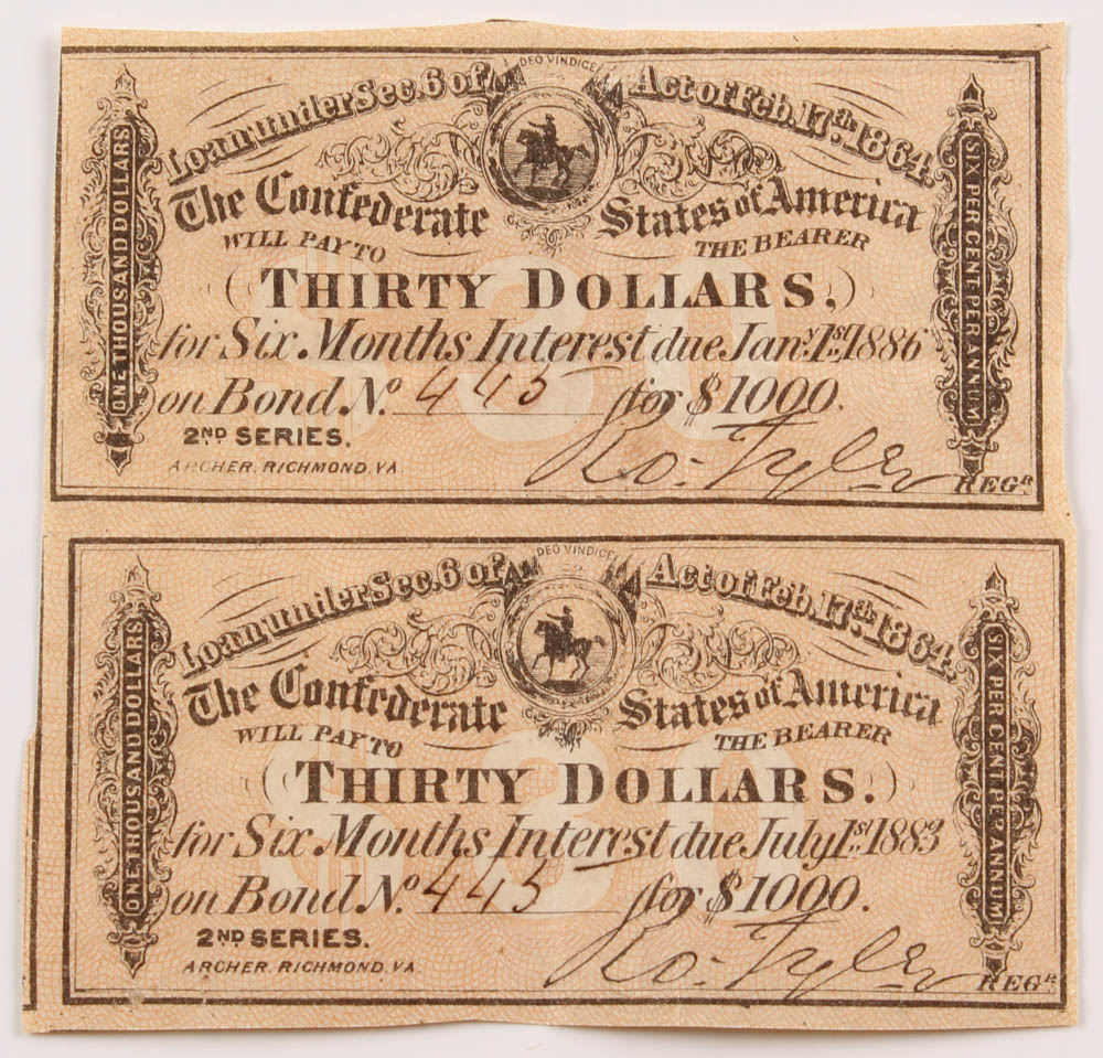 Uncut Sheet of (2) 1864 $30 Thirty Dollar Confederate States of America ...