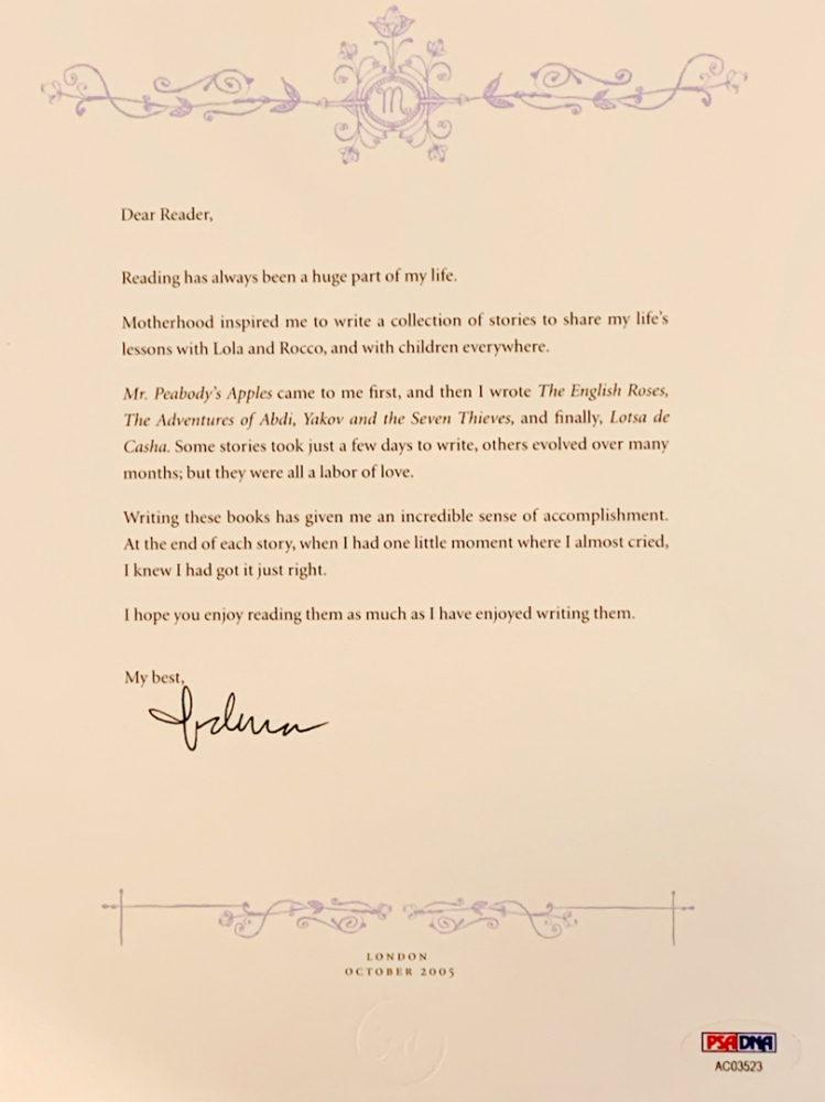 Madonna Signed Letter with Limited Edition 5 Series Children's Bookset ...