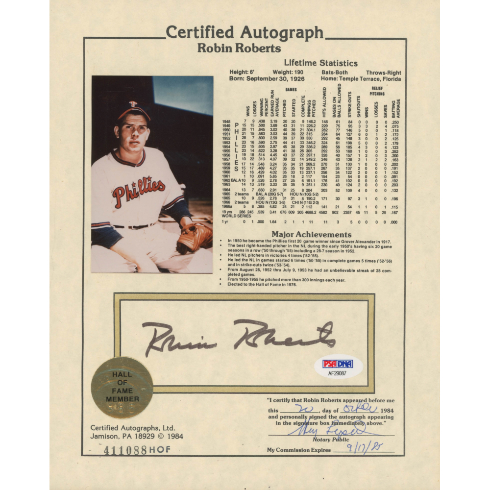 Robin Roberts Signed Philadelphia Phillies 8x10 Career Highlight Stat ...