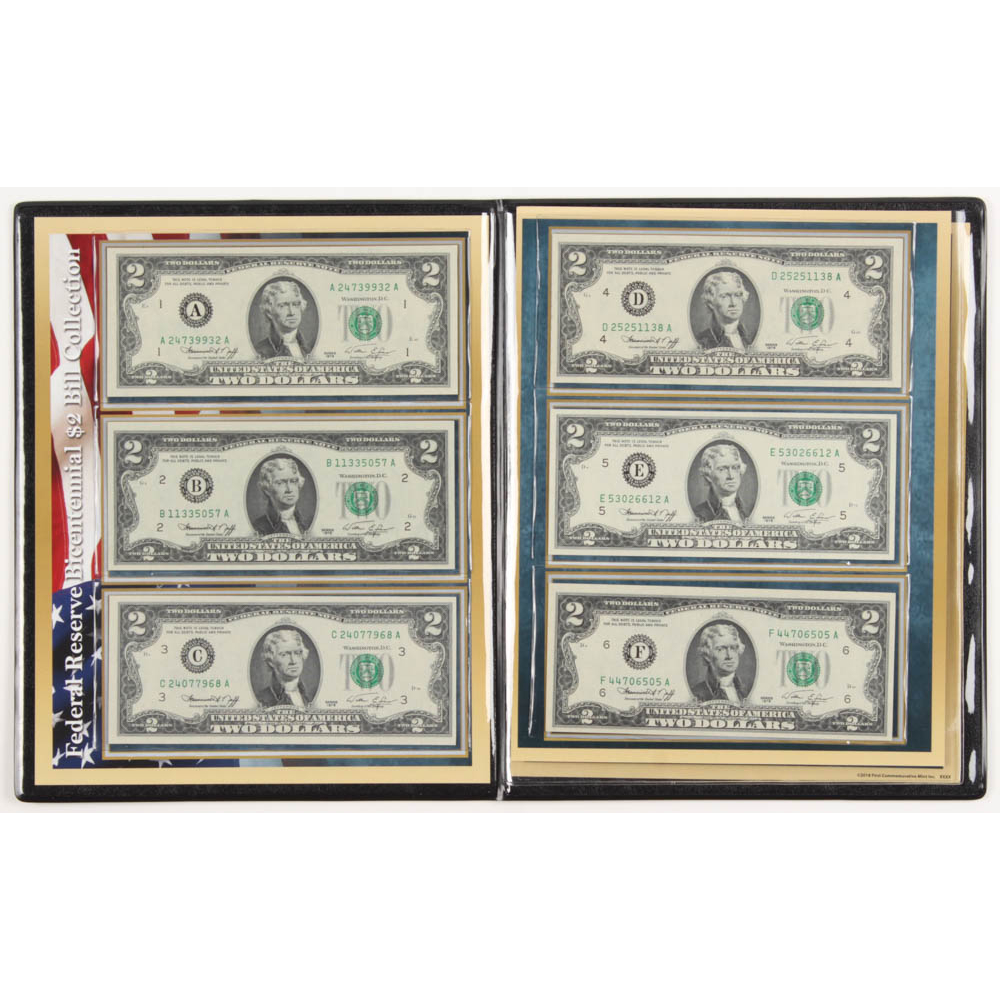 Set of (12) Federal Reserve Bicentennial $2 Two Dollar Bill Collection ...
