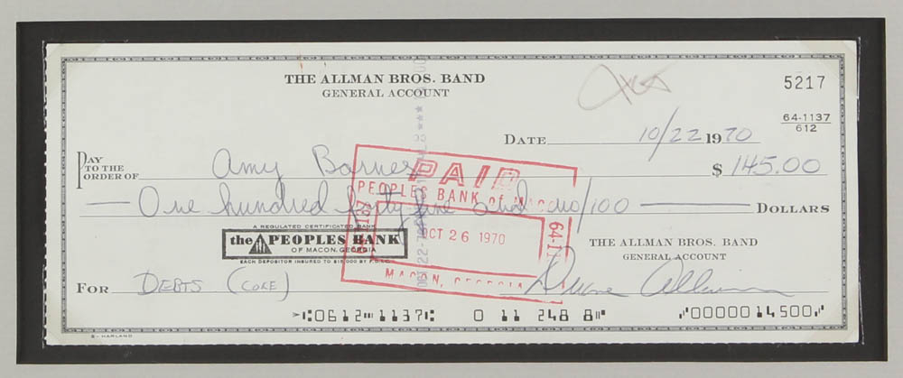 Duane Allman & Berry Oakley SIgned 25.5x27.75 Custom Framed Check ...
