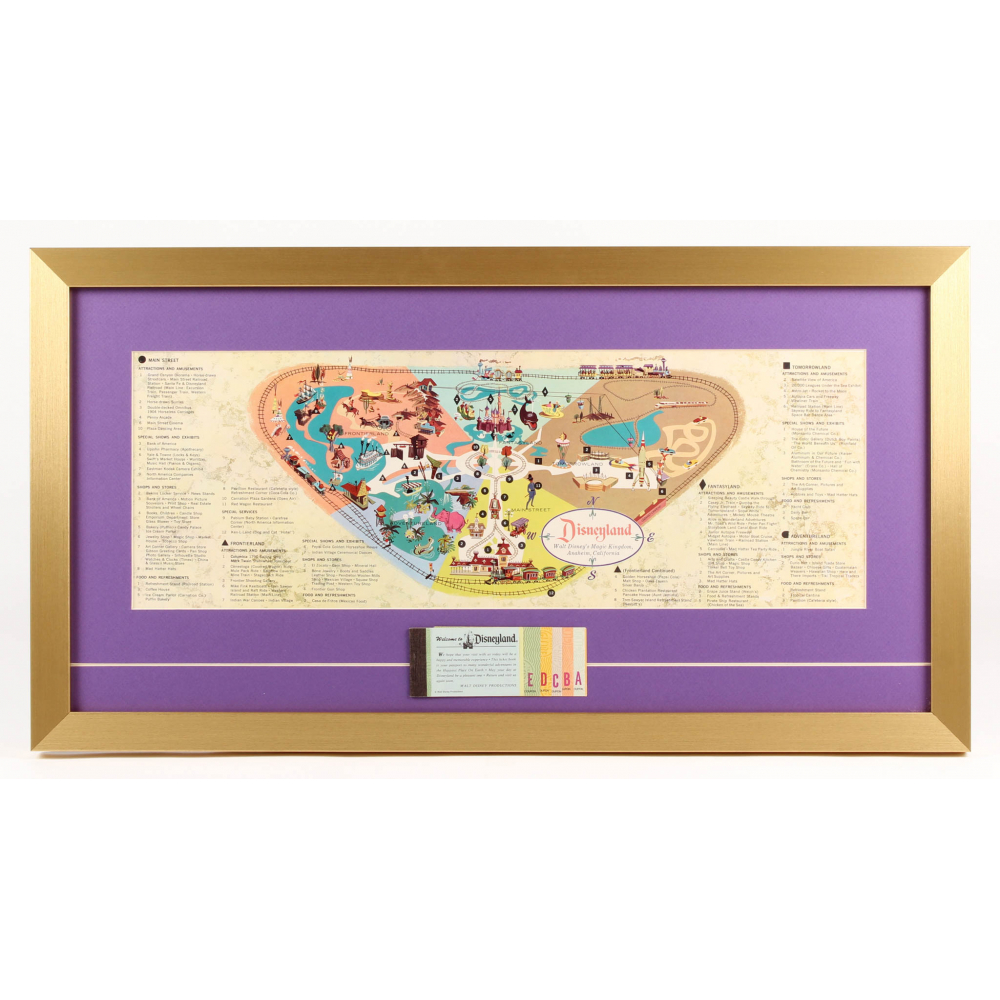 Disneyland 15x28 Custom Framed Vintage Map Display with Vintage Ticket ...