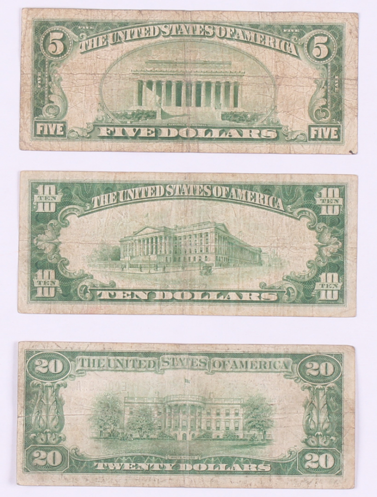 Lot of (3) 1929 U.S. National Currency Bank Notes with $20, $10 & $5 ...