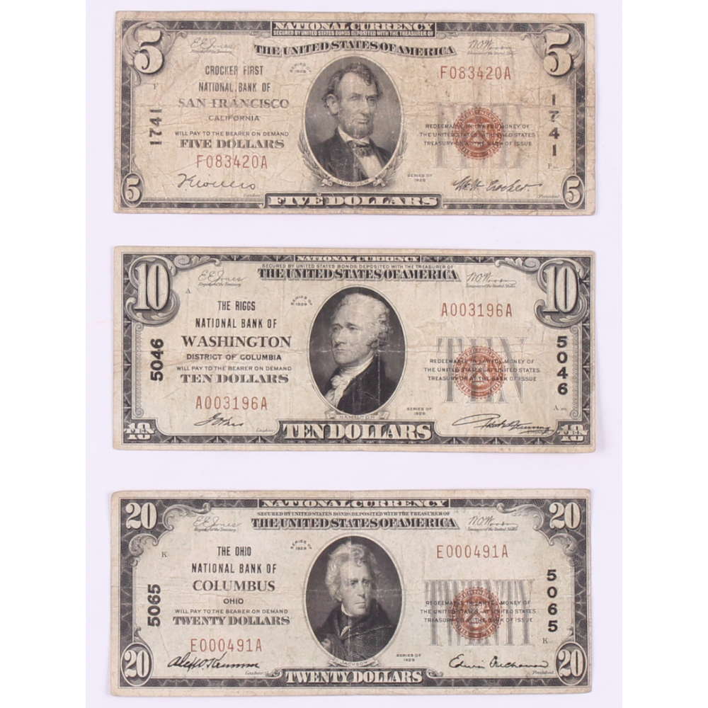 Lot of (3) 1929 U.S. National Currency Bank Notes with $20, $10 & $5 ...