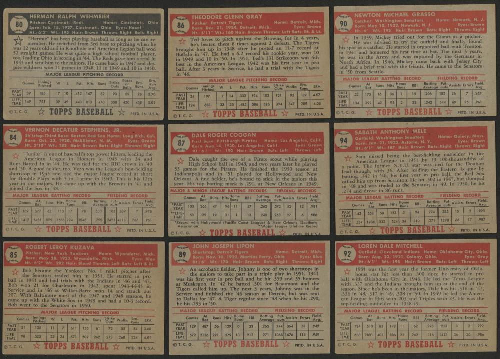Lot of (9) 1952 Topps Baseball Cards with #92 Dale Mitchell, #94 Sam ...