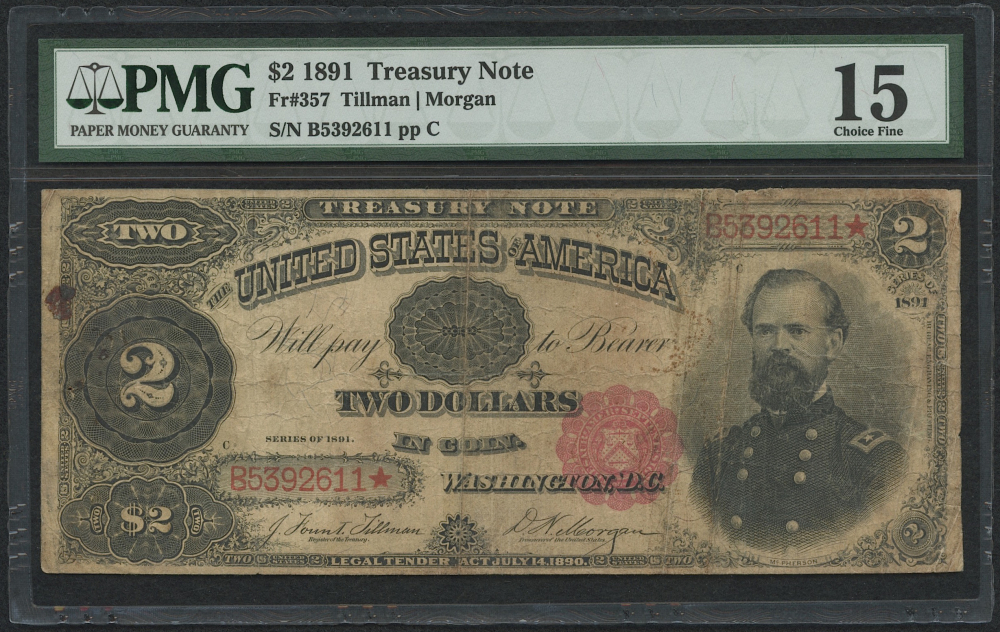 1891 $2 Two Dollars U.S. Treasury Large Bank Note (PMG 15) | Pristine ...