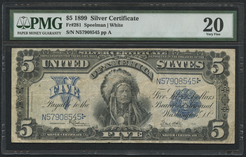 1899 $5 Five Dollars "Indian Chief" Silver Certificate Large Size Bank ...