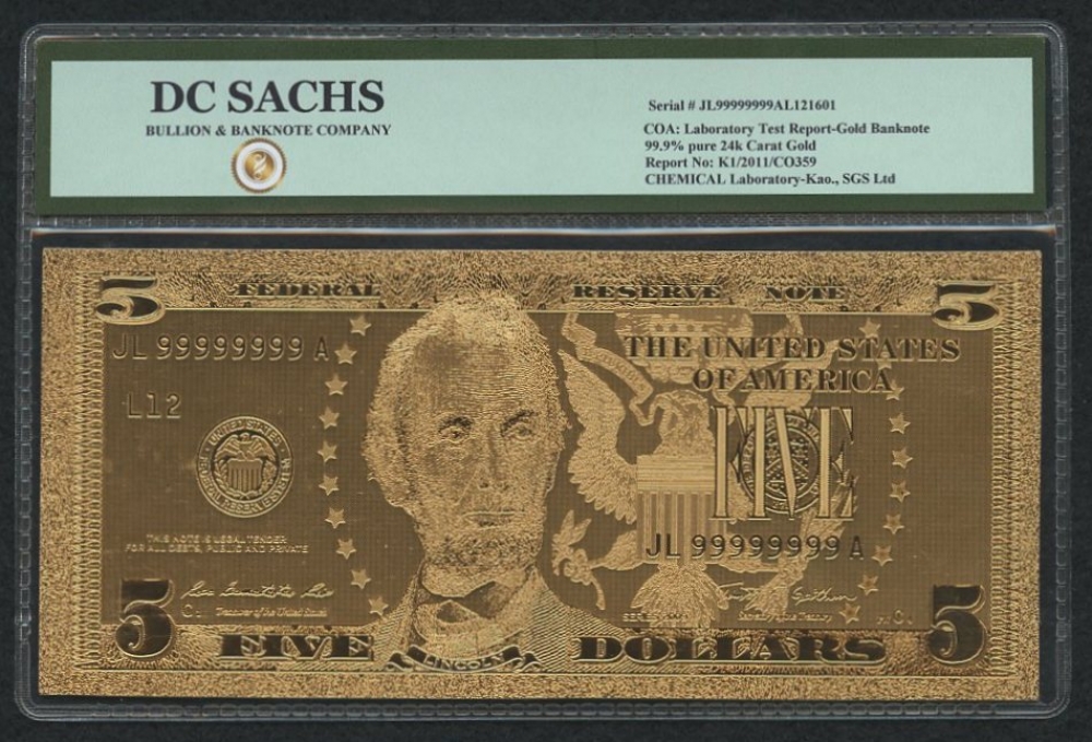 Pure 24K Gold Limited Edition US $5 Banknote Bill (DC Sachs COA ...