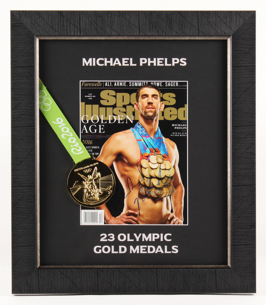 Michael Phelps Signed 17x19.5 Custom Framed Photo Display with Gold ...
