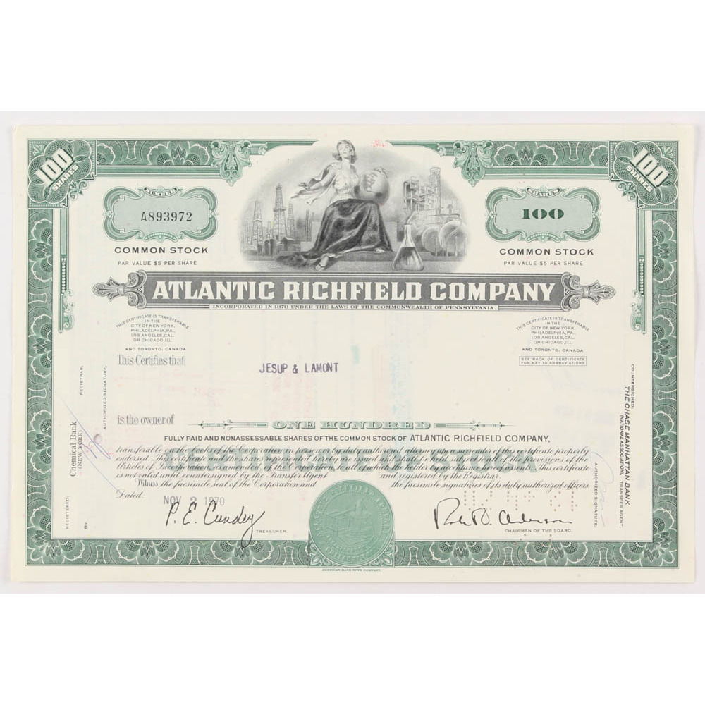 Vintage 1970 "Atlantic Richfield Company" (100) Shares Stock ...