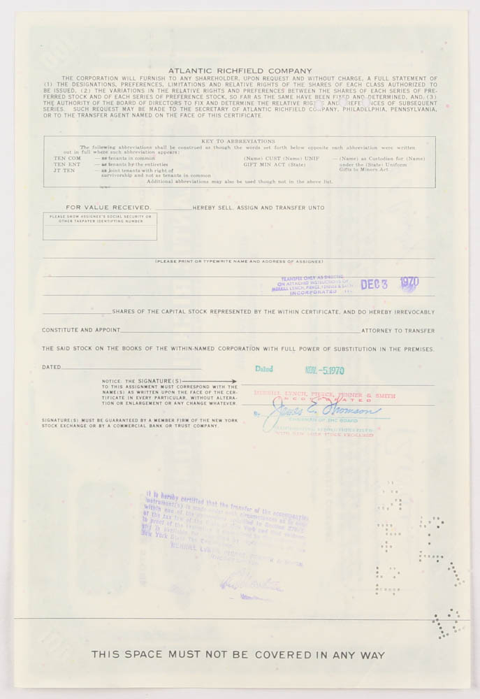 Vintage 1970 "Atlantic Richfield Company" (100) Shares Stock ...