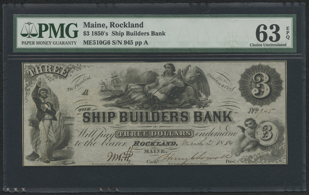 1850's $3 Three Dollars - Maine, Rockland - Ship Builders Bank - Bank ...