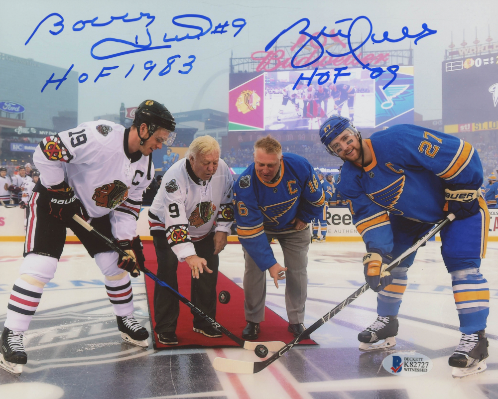 Bobby Hull & Brett Hull Signed 8x10 Photo Inscribed "HOF 1983" & "HOF ...
