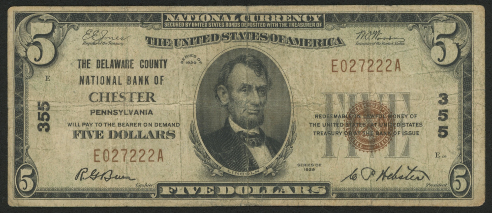 1929 $5 Five Dollars U.S. National Currency Bank Note with Brown Seal ...