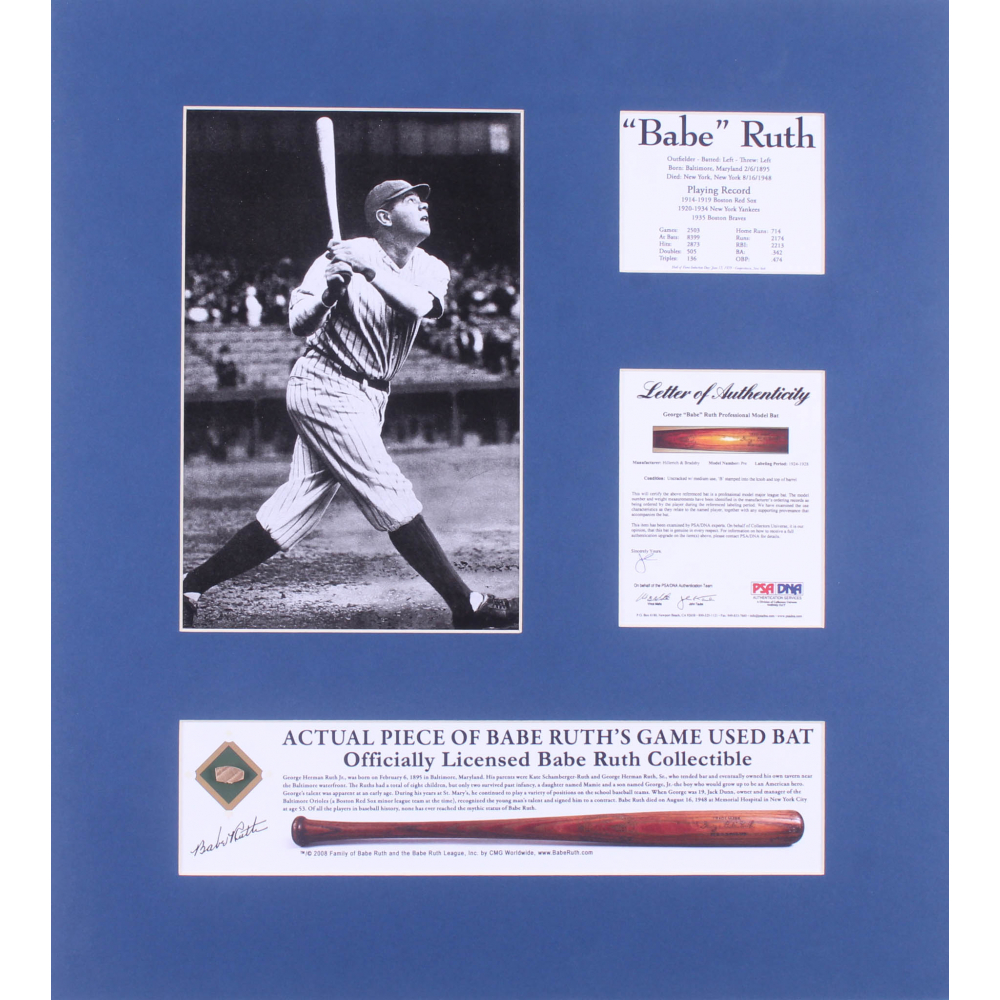 Babe Ruth New York Yankees 18x20 Custom Matted Game-Used Authentic Bat ...
