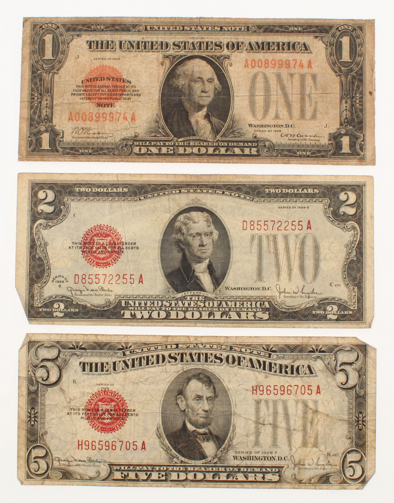 1928 U.S. Red Seal Bank Note Set of (3) with $1, $2 & $5 | Pristine Auction