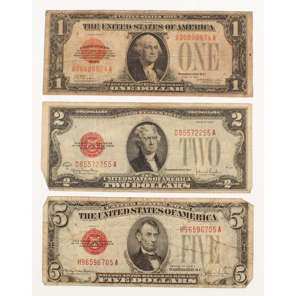 1928 U.S. Red Seal Bank Note Set of (3) with $1, $2 & $5 | Pristine Auction