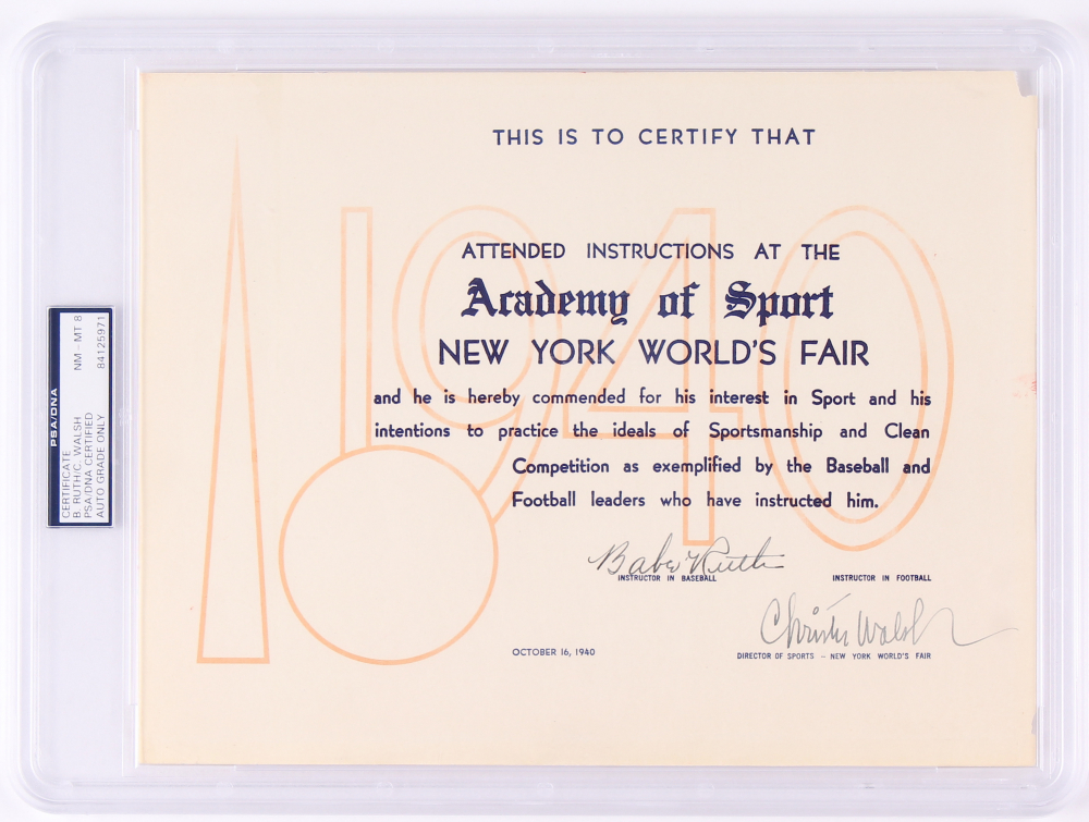 Babe Ruth & Christy Walsh Signed Original 1940 World's Fair Certificate ...