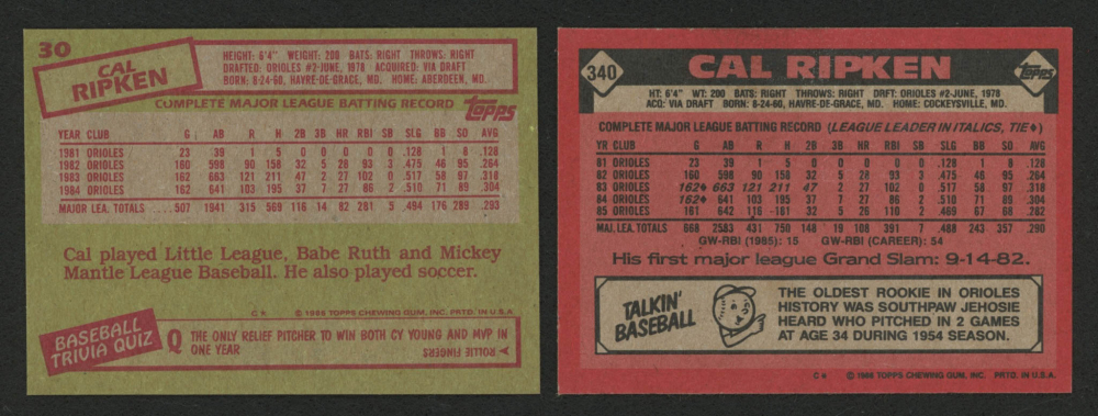 Lot of (2) Cal Ripken Jr. Baseball Cards with 1985 Topps #30 & 1986 ...