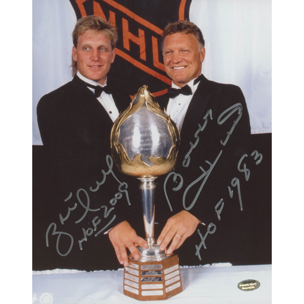 Bobby Hull & Brett Hull Signed 8x10 Photo Inscribed "HOF 1983" & "HOF ...