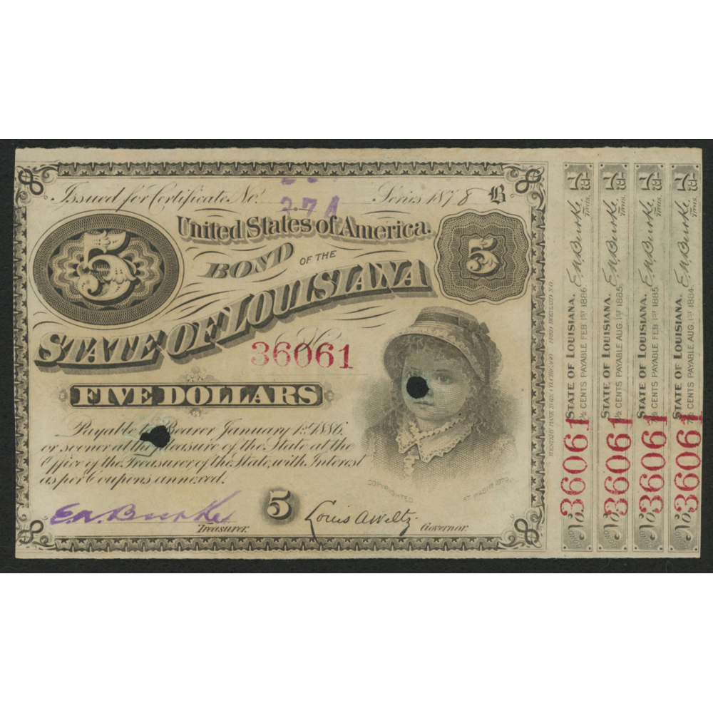 1878 State of Louisiana $5 Five Dollar "Baby Bond" Bank Note Bills ...