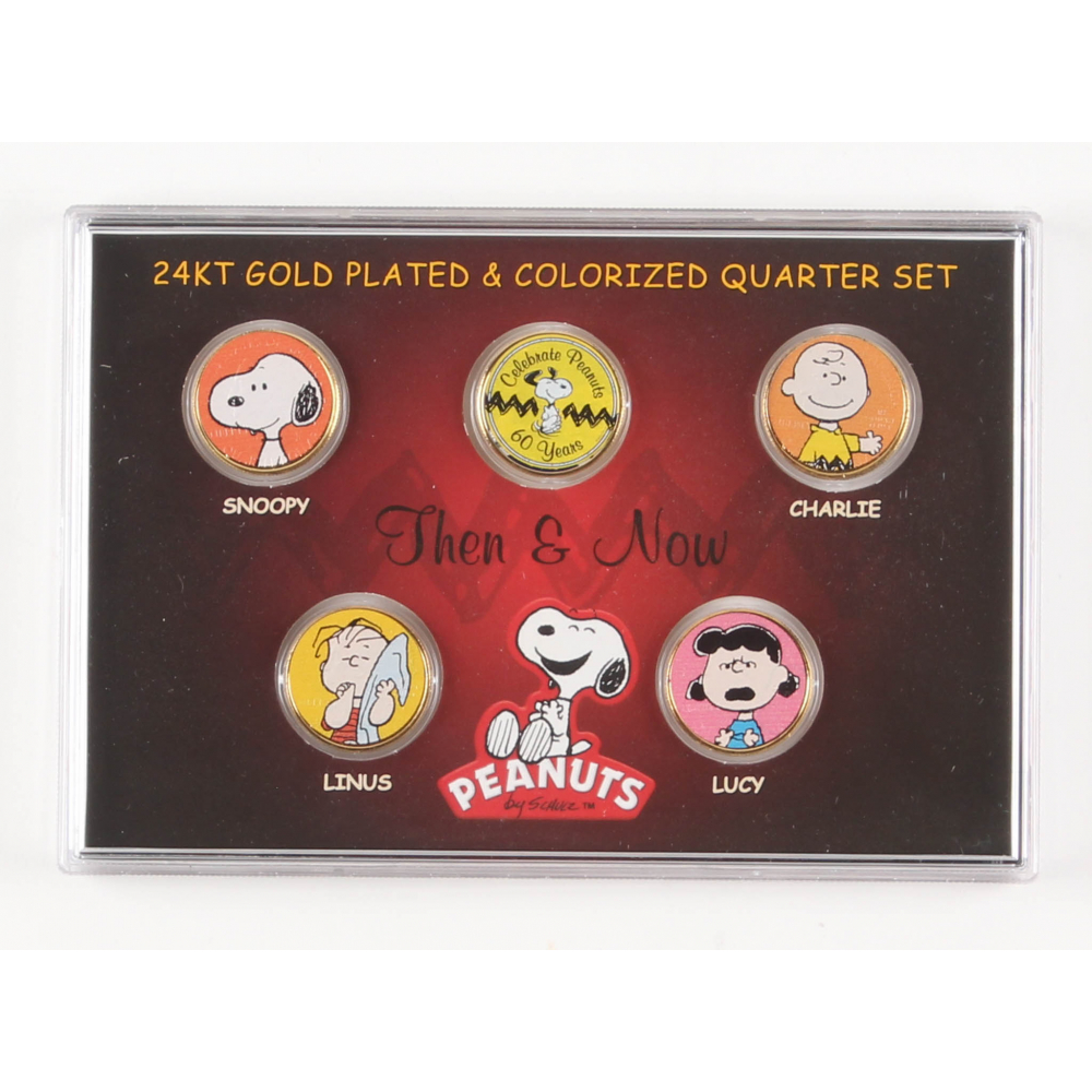 Set of (5) "Peanuts" Then & Now 24k Gold Plated Colorized Quarter Coin ...