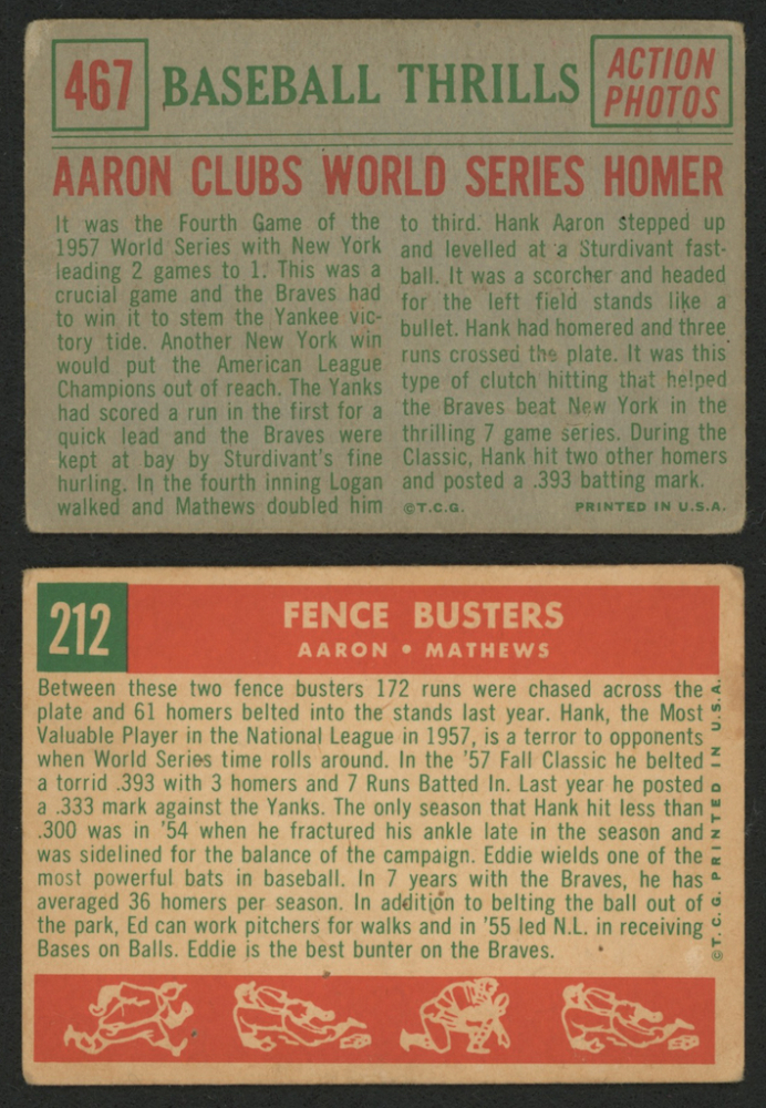 Lot of (2) 1959 Topps Baseball Cards with #212 Fence Busters / Hank ...