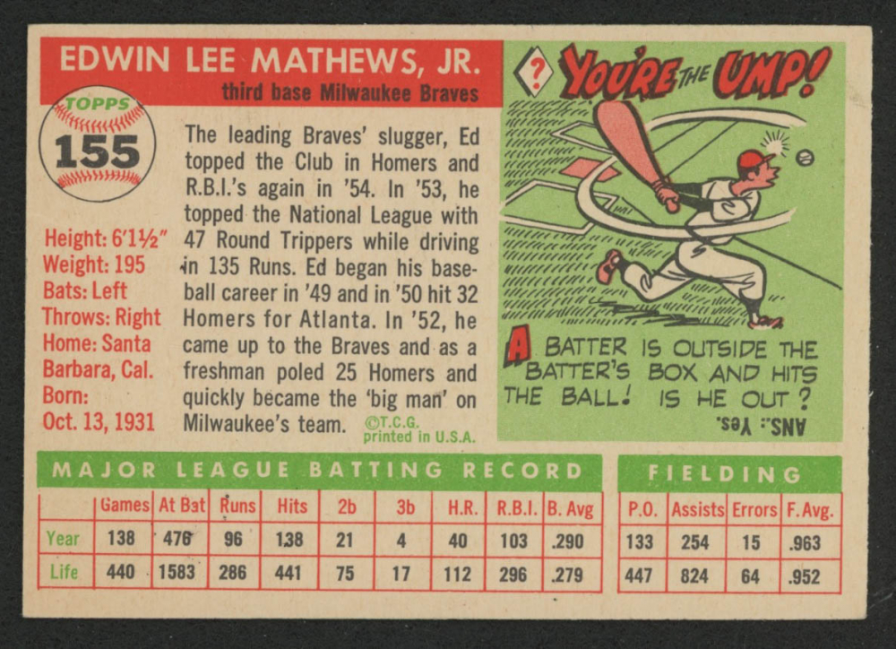 1955 Topps #155 Eddie Mathews | Pristine Auction