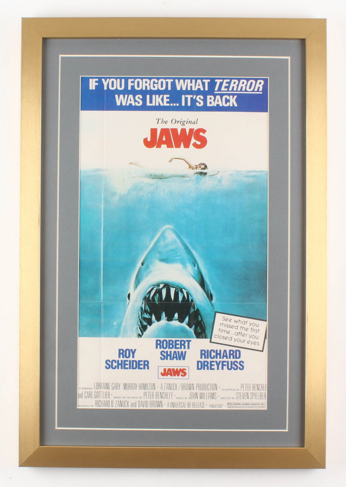 "Jaws" 17x25 Custom Framed Movie Poster Display | Pristine Auction