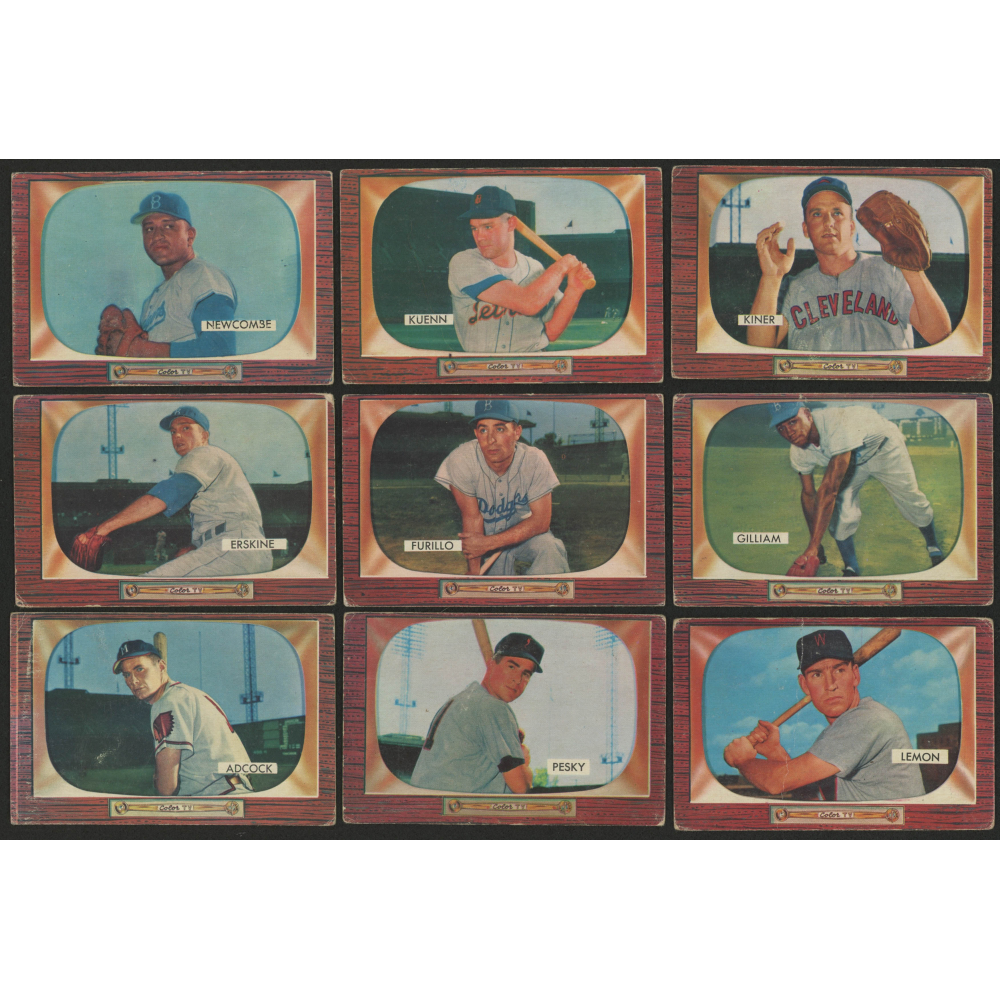 Lof of (9) 1955 Bowman Baseball Cards with #143 Don Newcombe, #170 Carl ...