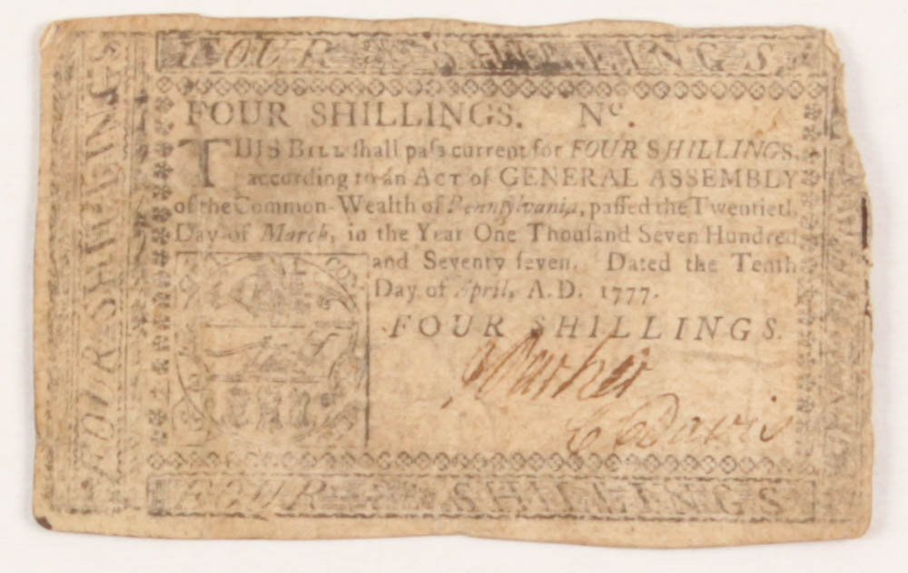 1777 4s. Four-Shillings Pennsylvania Colonial Currency Note | Pristine ...