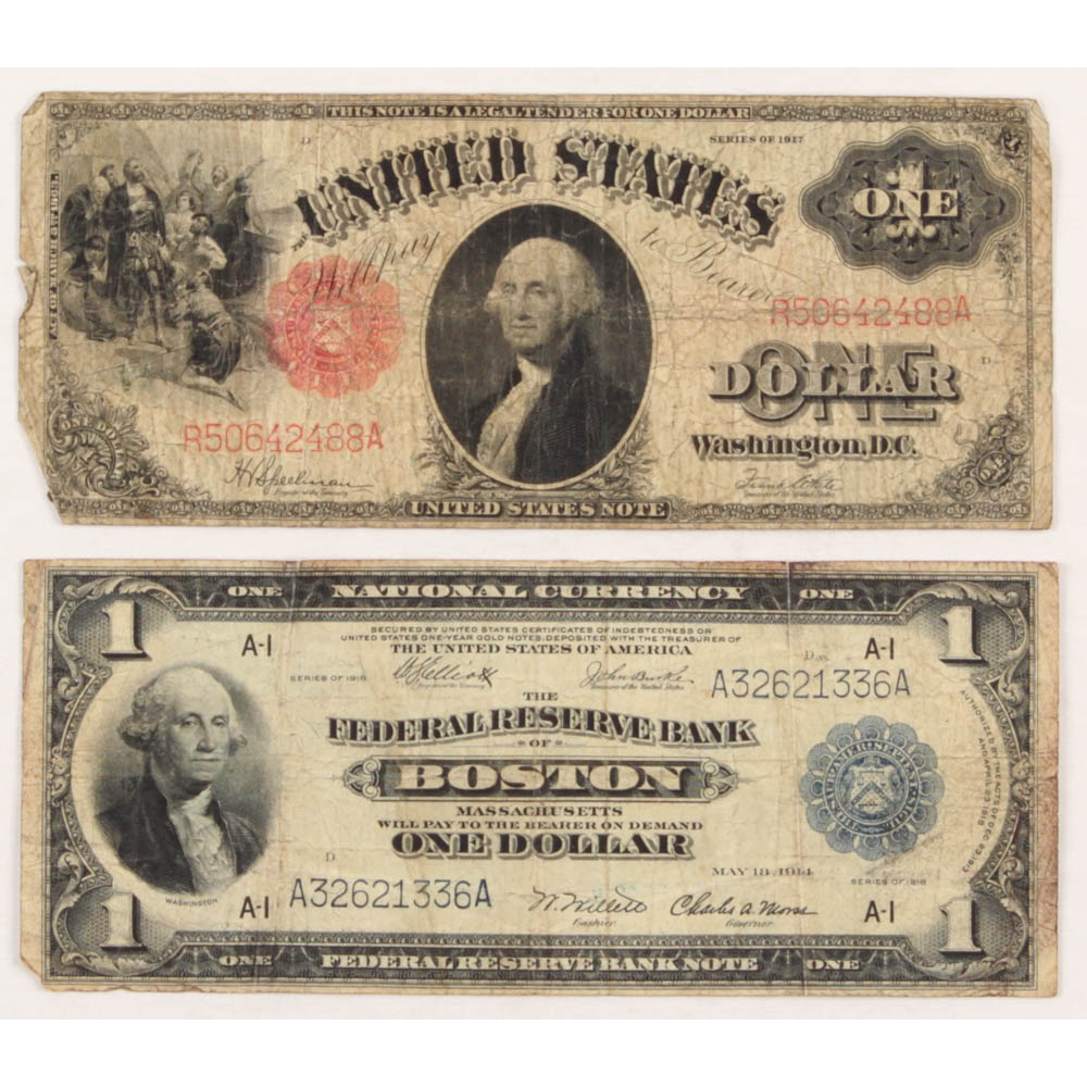 Lot of (2) $1 Notes with 1917 Legal Tender Note & 1918 Federal Reserve ...